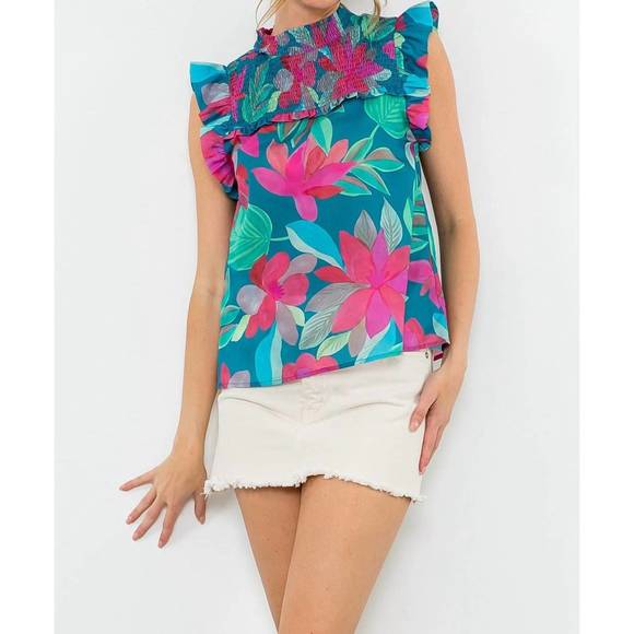 THML | Tops | New Thml Ruffle Sleeve Smocked Top In Multi Color | Poshmark